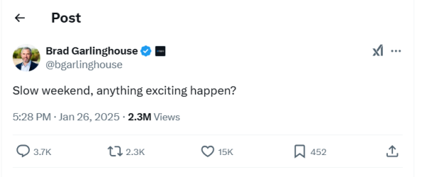 Ripple CEO Teases: “Slow Weekend, Anything Exciting Happen?” Ripple CEO Teases: “Slow Weekend, Anything Exciting Happen?”
